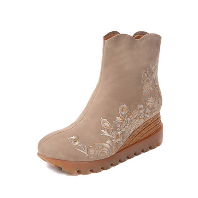 S028 New autumn and winter embroidered leather women's mid-boots wedge round toe waterproof platform flower embroidery