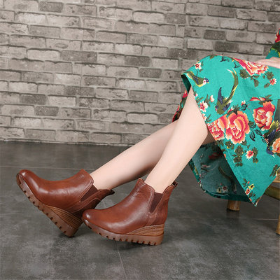 S029 Autumn and winter new leather ankle boots original handmade round toe wedge casual waterproof platform high heel
