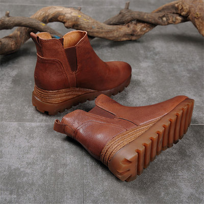 S029 Autumn and winter new leather ankle boots original handmade round toe wedge casual waterproof platform high heel