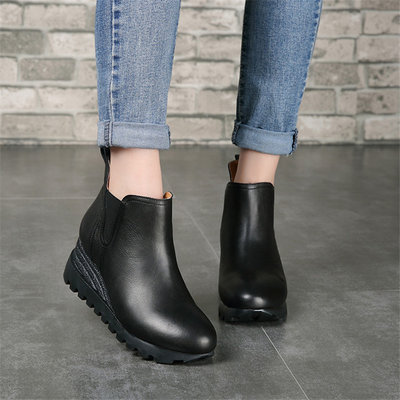 S029 Autumn and winter new leather ankle boots original handmade round toe wedge casual waterproof platform high heel