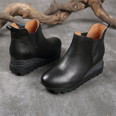 S029 Autumn and winter new leather ankle boots original handmade round toe wedge casual waterproof platform high heel