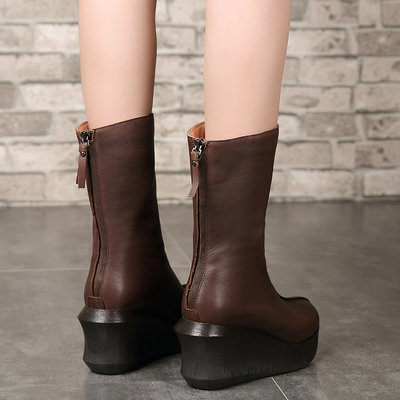 S030 Women's boots round toe thick-soled cowhide mid-tube simple women's wedge heel zipper leather Martin boots