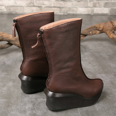 S030 Women's boots round toe thick-soled cowhide mid-tube simple women's wedge heel zipper leather Martin boots
