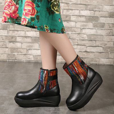 S031 Winter new fleece warm leather women's boots original leather hit color casual slope heel platform women's boots