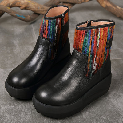 S031 Winter new fleece warm leather women's boots original leather hit color casual slope heel platform women's boots