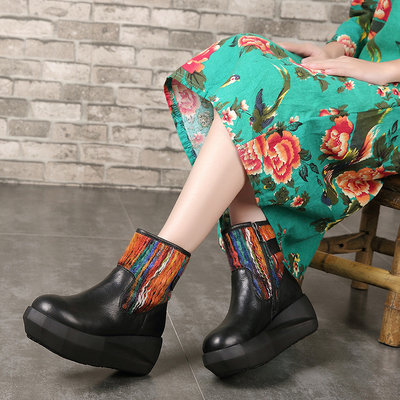S031 Winter new fleece warm leather women's boots original leather hit color casual slope heel platform women's boots
