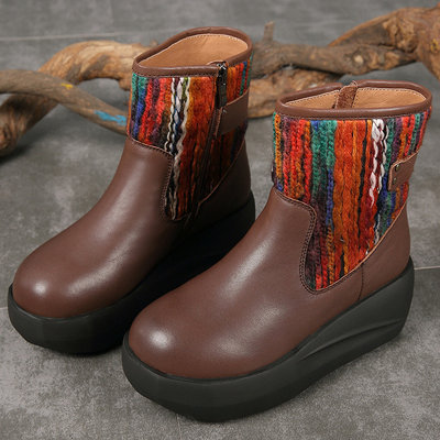 S031 Winter new fleece warm leather women's boots original leather hit color casual slope heel platform women's boots