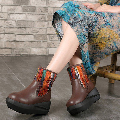 S031 Winter new fleece warm leather women's boots original leather hit color casual slope heel platform women's boots