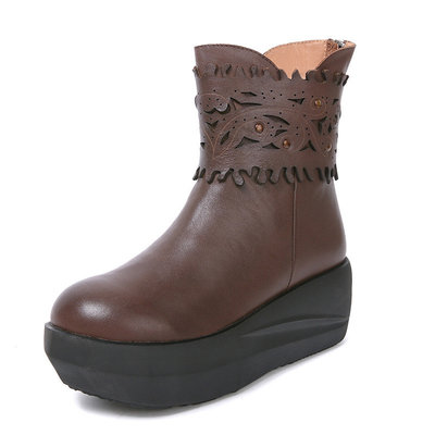 S032 Autumn and winter new thick-soled wedges leather women boots round head fluffy warm boots Martin boots non-slip cas