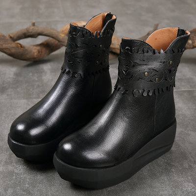 S032 Autumn and winter new thick-soled wedges leather women boots round head fluffy warm boots Martin boots non-slip cas