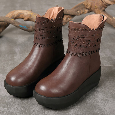 S032 Autumn and winter new thick-soled wedges leather women boots round head fluffy warm boots Martin boots non-slip cas