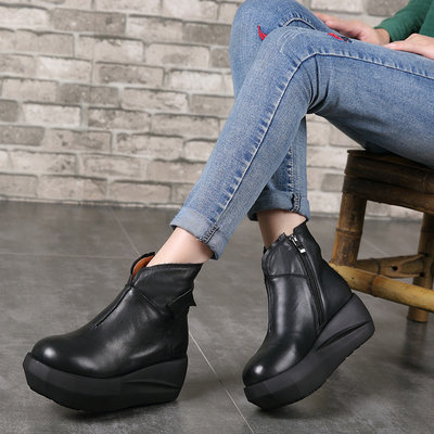 S033 Round-toe flat-bottomed women's boots, top layer cowhide, autumn and winter new one-piece Martin boots, leather