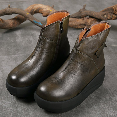 S033 Round-toe flat-bottomed women's boots, top layer cowhide, autumn and winter new one-piece Martin boots, leather