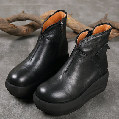 S033 Round-toe flat-bottomed women's boots, top layer cowhide, autumn and winter new one-piece Martin boots, leather