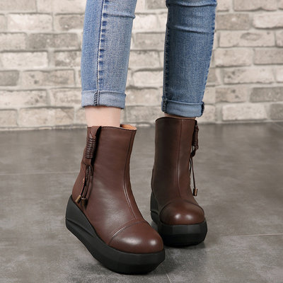 S035 New thick-soled wedges women's boots warm fluffy Martin boots rear zipper round toe leather retro handmade boots