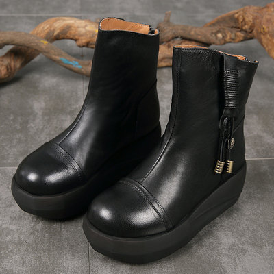 S035 New thick-soled wedges women's boots warm fluffy Martin boots rear zipper round toe leather retro handmade boots