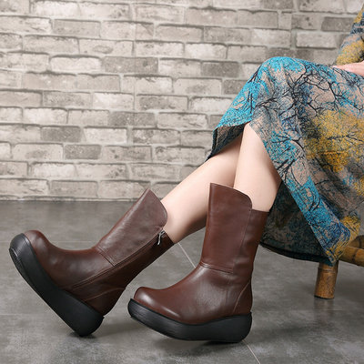 S036 Autumn and winter new thick-soled wedges women's boots warm fleece Martin boots rear zipper round head cowhide retr