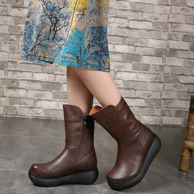 S036 Autumn and winter new thick-soled wedges women's boots warm fleece Martin boots rear zipper round head cowhide retr
