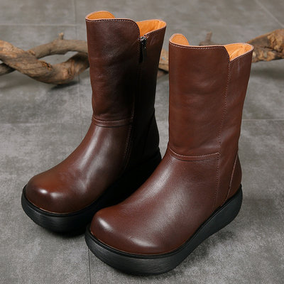 S036 Autumn and winter new thick-soled wedges women's boots warm fleece Martin boots rear zipper round head cowhide retr