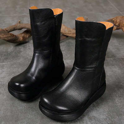 S036 Autumn and winter new thick-soled wedges women's boots warm fleece Martin boots rear zipper round head cowhide retr