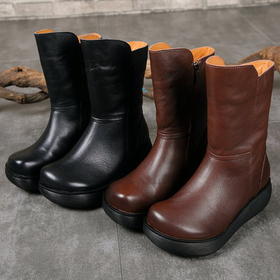 S036 Autumn and winter new thick-soled wedges women's boots warm fleece Martin boots rear zipper round head cowhide retr