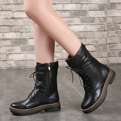 S037 Casual handmade women's shoes original retro Martin boots round head side zipper top layer leather fluffy warm boot