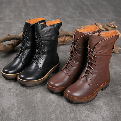 S037 Casual handmade women's shoes original retro Martin boots round head side zipper top layer leather fluffy warm boot