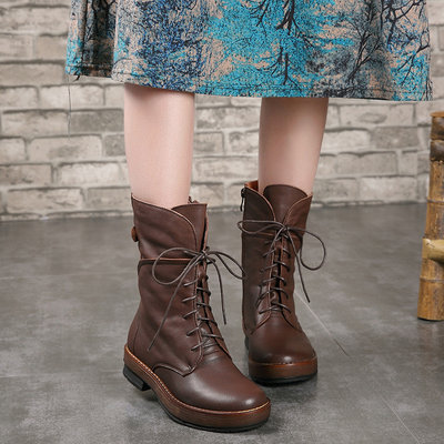 S037 Casual handmade women's shoes original retro Martin boots round head side zipper top layer leather fluffy warm boot