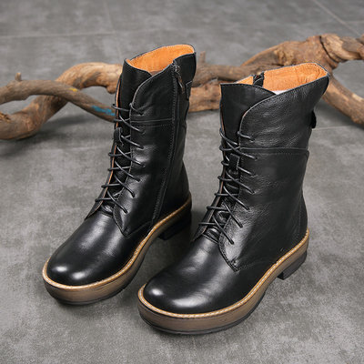 S037 Casual handmade women's shoes original retro Martin boots round head side zipper top layer leather fluffy warm boot