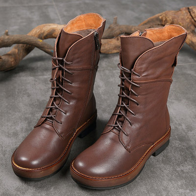 S037 Casual handmade women's shoes original retro Martin boots round head side zipper top layer leather fluffy warm boot