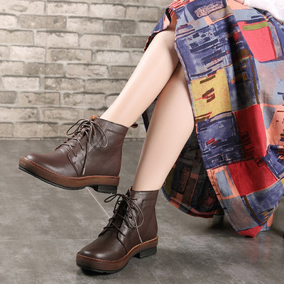 S038 Round head leather women's shoes retro handmade flat-heeled first layer cowhide lace-up Martin boots non-slip ethni