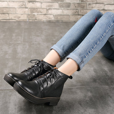 S038 Round head leather women's shoes retro handmade flat-heeled first layer cowhide lace-up Martin boots non-slip ethni