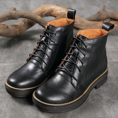 S038 Round head leather women's shoes retro handmade flat-heeled first layer cowhide lace-up Martin boots non-slip ethni