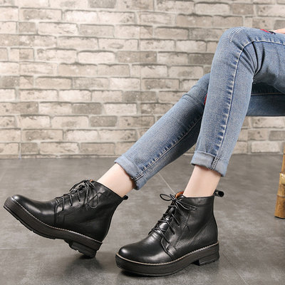 S038 Round head leather women's shoes retro handmade flat-heeled first layer cowhide lace-up Martin boots non-slip ethni