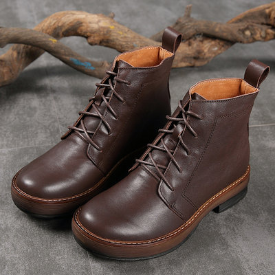 S038 Round head leather women's shoes retro handmade flat-heeled first layer cowhide lace-up Martin boots non-slip ethni
