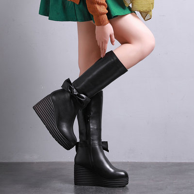S039 Original handmade boots, knight boots, leather and velvet flat-bottomed high-tube female boots, retro Martin boots