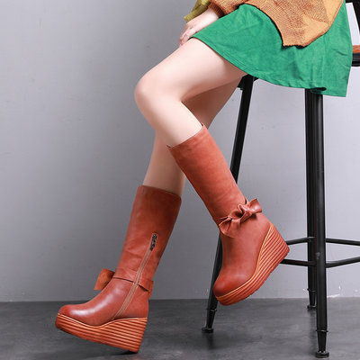 S039 Original handmade boots, knight boots, leather and velvet flat-bottomed high-tube female boots, retro Martin boots