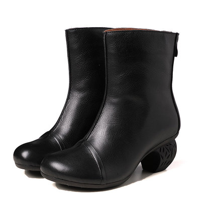 S041 retro leather thick heel short boots women's boots mid-heel women boots fluffy top layer cowhide Martin boots