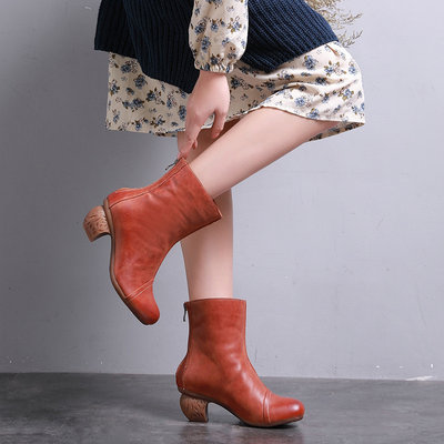 S041 retro leather thick heel short boots women's boots mid-heel women boots fluffy top layer cowhide Martin boots