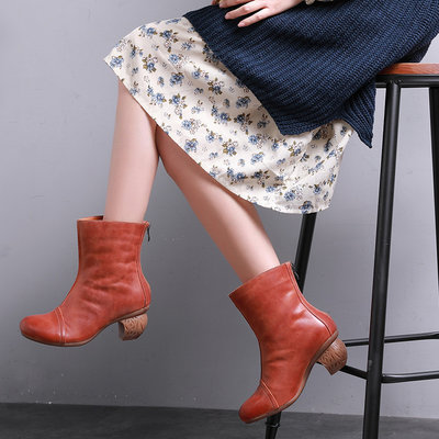 S041 retro leather thick heel short boots women's boots mid-heel women boots fluffy top layer cowhide Martin boots