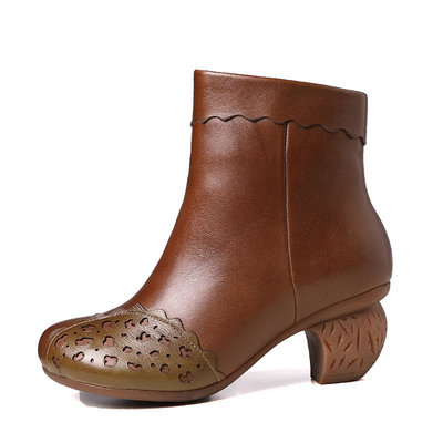 S042 Color matching cowhide boots, women's plus velvet mid-heel boots, women's leather retro Martin boots