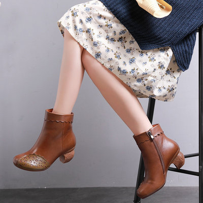 S042 Color matching cowhide boots, women's plus velvet mid-heel boots, women's leather retro Martin boots