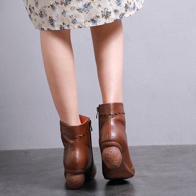 S042 Color matching cowhide boots, women's plus velvet mid-heel boots, women's leather retro Martin boots