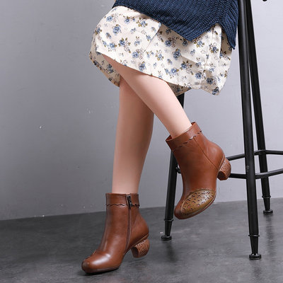 S042 Color matching cowhide boots, women's plus velvet mid-heel boots, women's leather retro Martin boots