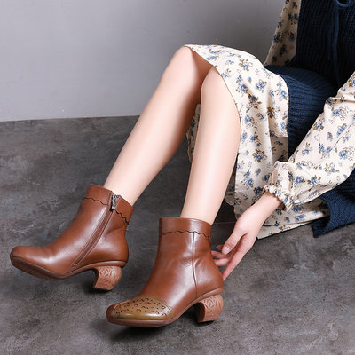 S042 Color matching cowhide boots, women's plus velvet mid-heel boots, women's leather retro Martin boots