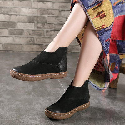 S043 Round toe retro handmade women's single shoes deep mouth flat heel flat fluffy back zipper top layer cowhide women
