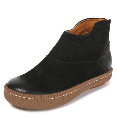 S043 Round toe retro handmade women's single shoes deep mouth flat heel flat fluffy back zipper top layer cowhide women