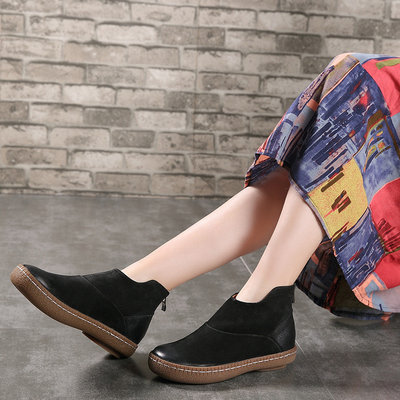 S043 Round toe retro handmade women's single shoes deep mouth flat heel flat fluffy back zipper top layer cowhide women