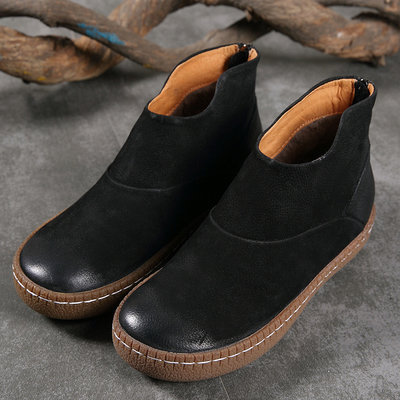 S043 Round toe retro handmade women's single shoes deep mouth flat heel flat fluffy back zipper top layer cowhide women