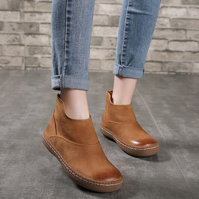S043 Round toe retro handmade women's single shoes deep mouth flat heel flat fluffy back zipper top layer cowhide women
